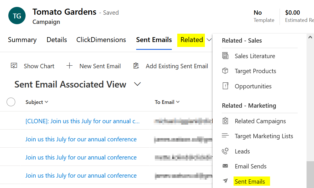 Sent Emails – Click's CRM